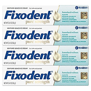 Fixodent Pure Strength Secure Denture Adhesive Cream for Full and Partial Denture Wearers, 2.4oz (Pack of 4)