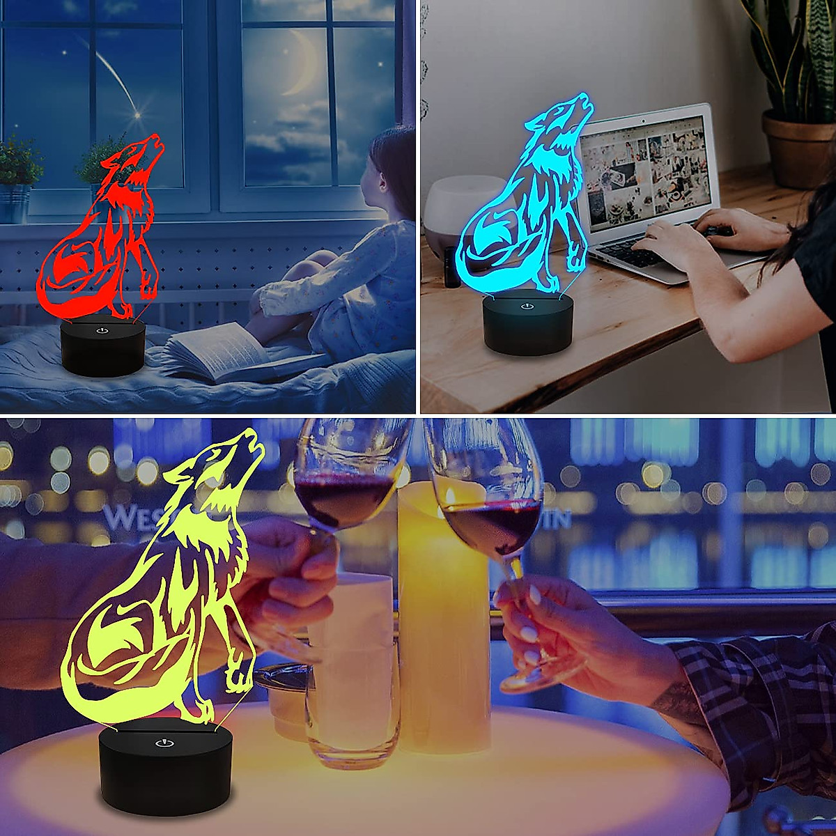 FULLOSUN Wolf Gifts, 3D Night Light for Kids Optical Illusion Lamp Co-Sleeping,Remote Controller with 16 Color Changing Birthday Gifts & for Kids, Boys & Men