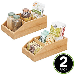 mDesign Bamboo Wood Food Storage Bin with Divided 3 Compartments and Sloped Front for Kitchen Cabinet, Pantry, Shelf to Organize Seasoning Packets, Powder Mixes, Spices, Snacks - 2 Pack - Natural