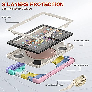 KENOBEE All-New Fire HD 10 & Fire HD 10 Plus Tablet (10.1", 11th Generation, 2021) Case, 360 Rotating Stand Multi-Functional Grip Rugged Heavy Duty Shockproof Protective Kickstand Cover,Rainbow Pink