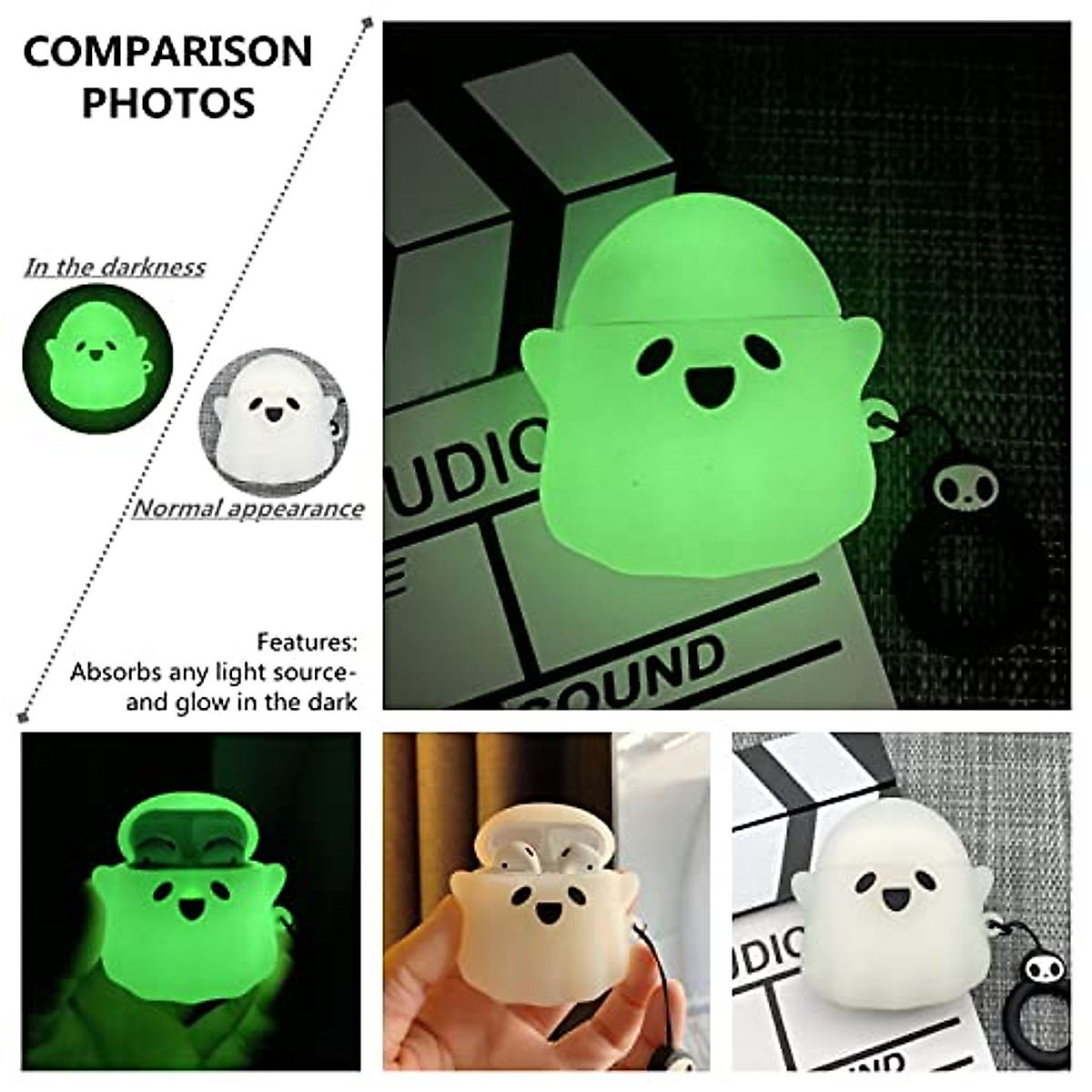 Compatible with AirPods Case Cover, Luminous Ghost Case Designed for Airpods 2nd & 1st, Soft Silicone Cute Funny 3D Cartoon Case Compatible with AirPods 2/1 for Women Men Kids Teens Girls Boys