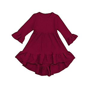 bilison Toddler Baby Girl Dress Flare Long Sleeve Solid Color Irregular Sundress Party Princess Dress