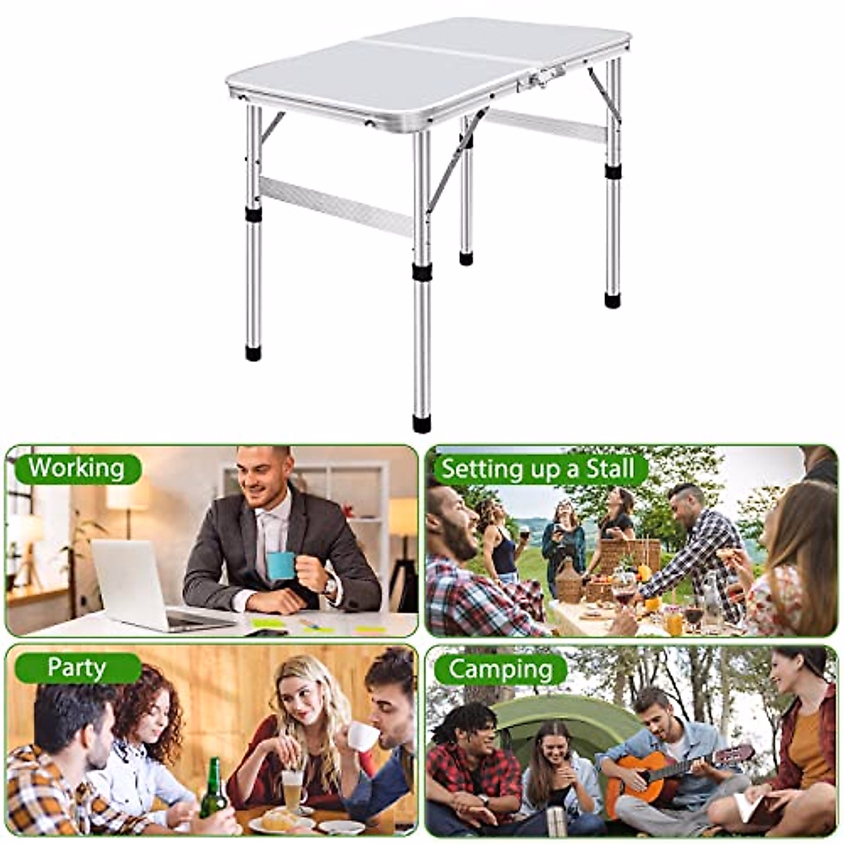 JUOIFIP Folding Camping Table Outdoor, 2 Adjustable Height Portable Folding Camping Table for Camp, Lightweight Aluminum Fold Up Camp Table for Picnic, BBQ, Party, Travel, Home Use. White