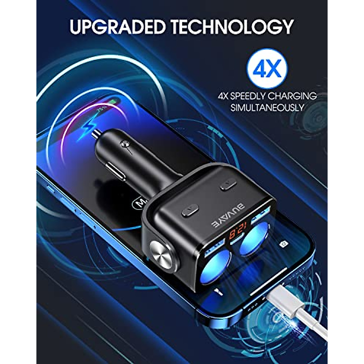 USB C Car Charger, BUVAYE 2-Socket Cigarette Lighter Splitter with 12V/24V Dual PD30W & QC3.0 Fast Charging, Cigarette Lighter Adapter Separate Switch LED Voltage Display for Phone, GPS, Dash Cam