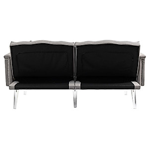 TMEOSK Convertible Futon Sleeper Sofa Bed with 2 Pillows and Armrest, Mid Century Modern Velvet Loveseat Adjustable Couch for Living Room Office Compact Small Space (Gray)