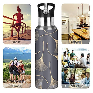 Ginkgo Leaves Leak Free Insulated Bottles with Handle 32 oz Vaccuum Bottle with Straw Lid Thermal Bottle for Hot & Cold Drinks BAP-Free