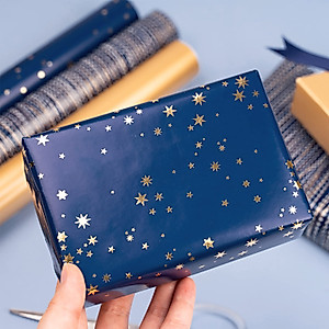WRAPAHOLIC Wrapping Paper Roll - Mini Roll - 3 Rolls - 17 Inch X 120 Inch Per Roll - Navy and Gold Star/Stripe/Gold Pearlized Print for Birthday, Father's Day, Holiday, Party