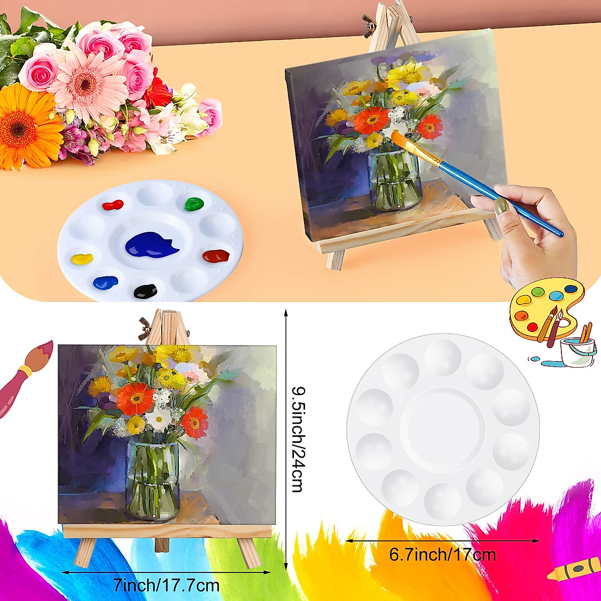 12 Sets Painting Set with 7.09 x 9.45 Inch Easels, 144 Pcs Painting Supplies Kit Including 12 Pcs Wood Easels, 12 Packs of 10 Style Paintbrushes, 12 Pcs Palettes for Kids Adults Art Drawing Party