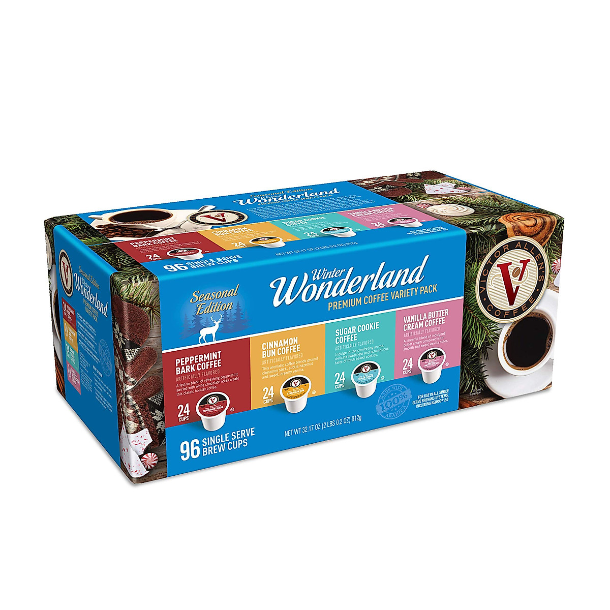 Victor Allen 96 Count Single Serve Cup Winter Wonderland Coffee Variety Pack of Peppermint Bark, Cinnamon Bun, Sugar Cookie, & Vanilla Butter Cream (Compatible with 2.0 Keurig Brewers)