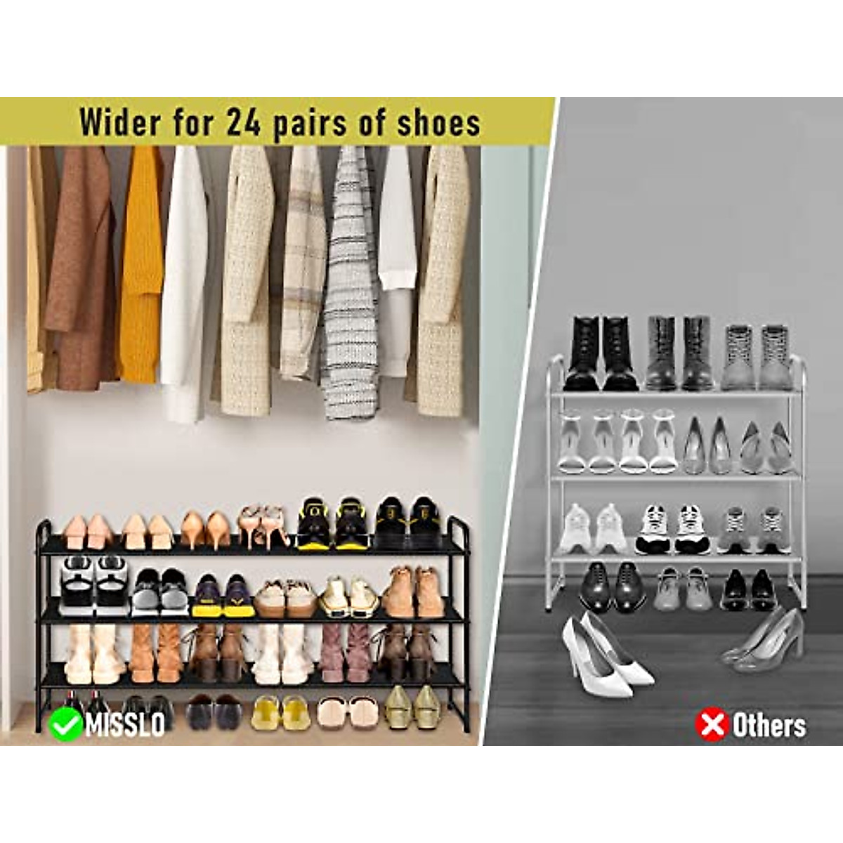 MISSLO 3-Tier Long Shoe Rack for Closet Shoe Organizer for Closet Floor Entryway Storage Stackable Wide Shoe Shelf Stores 24 Pairs of Men Sneakers, Black