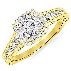 1.25 Carat Designer Halo Channel Set Round Diamond Engagement Ring with Milgrain 14K Yellow Gold with a 0.5 Carat I-J I2 Round Brilliant Cut/Shape Center
