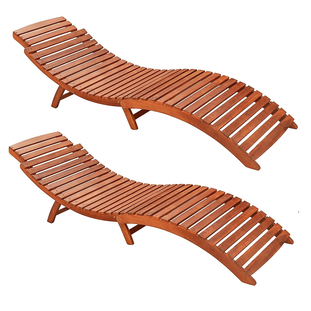 Flamaker Lounge Chairs for Outside Folding Acacia Wood Chaise Lounge with Side Handle Sun Lounger for Poolside, Lawn, Backyard (2 Piece)