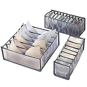 Underwear Storage Organizers, 3 Set Storage and Drawers for Bra,Socks and Underwear, 6+7+11 Grid Bathroom Storage Containers, Gray