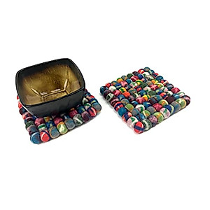 Handmade Trivet, Felt Ball Trivet, Potholders, Trivets, 100% Wool, Felt, Hot Pot Holders (Set of 2) Hot Pads, Flexible, Durable, Heat Resistant Mat, Mats, Square Trivet (Greenish Tie Dye, Square)