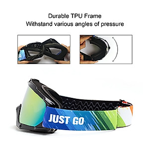 JUST GO Ski Goggles for Skiing Dual-Layer Anti-Fog 100% UV Protection lens Snowboard Goggles, Black Frame/Red Revo Lens (VLT 10.5%)
