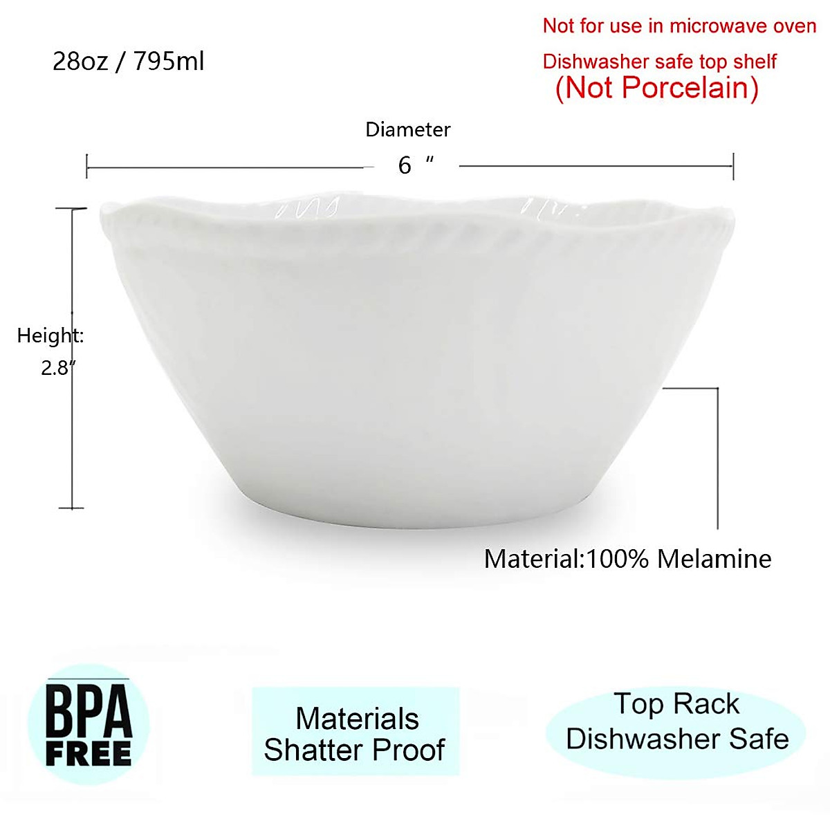 KX-WARE Melamine Cereal Bowls Set - 28 oz/6 inch 100% Melamine Soup/Salad Bowls | set of 6, White | Break-resistant and Dishwasher Safe, BPA Free