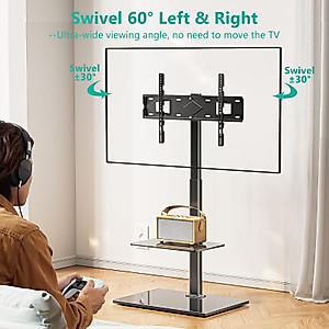 WALI TV Floor Stand for 32-70inch TVs up to 88lbs, Universal Floor TV Stand Mount, Swivel and Height Adjustable Tall TV Stand with Tempered Glass Base and Shelf for Living Room,Bedroom,Office(TVDVD-6)