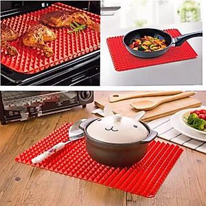 Silicone Pyramid Cooking Mat | Non- Stick Healthy Fat Sheet For Oven Grilling BBQ | 15.35 x 10.83 inches | Baking Mat | Cooking Pan | Baking Sheet | Pastry Cooking Mat | Red |