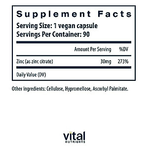 Vital Nutrients Zinc Citrate 30mg | Easily Absorbed Immune Support Supplement* | Vegan Zinc Supplement | Gluten, Dairy, Soy Free | Non-GMO | 30mg | 90 Capsules