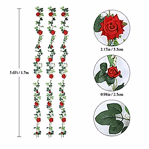 Hobyhoon Artificial Rose Vines Flowers Garland 5.6ft Silk Velvet Rose Vines Fake Hanging Rose Ivy Plant for Wedding Party Home Wall Garden Decorations (Red-3pcs)