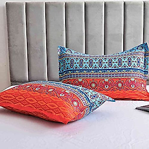 Nanko Queen Duvet Cover Set Boho Red Blue Colorful Retro Striped Print 3pc 90 x 90 Luxury Soft Microfiber Down Comforter Quilt Bedding Cover with Zipper Ties - Bohemian Exotic Style for Men and Women