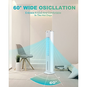 Evaporative Air Cooler Portable Cooling Fan, Cool with 3 Speeds, 12H Timer Evaporative Cooler, Bladeless Fan Ice Boxes Contained, Remote Control Tower Fan for Large Room Office