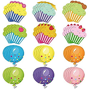 60 Pieces Colorful Cupcake Cutouts Birthday Classroom Bulletin Board Decorations Creative Cupcake Balloons Cutouts Name Tags for Classroom Door Decorations(Cupcake, Balloons)