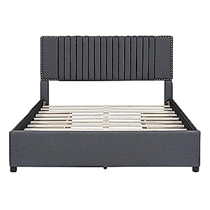 WADRI Modern Queen Size Upholstered Platform Bed with Classic Headboard and 4 Drawers, Linen Fabric Platform Bed Frame with Wood Slat Support for Kids Teens Adult Bedroom (Gray + Linen-4)
