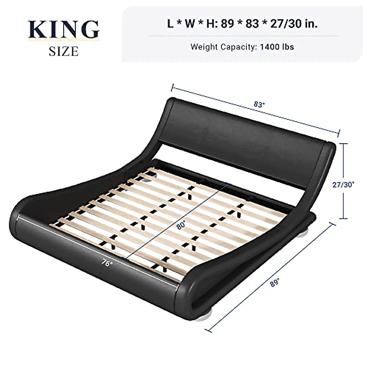 Allewie King Size Upholstered Platform Bed Frame with Ergonomic & Adjustable Headboard, Low Profile Sleigh Design for Elegant Bedroom - No Box Spring Needed, Easy Assembly, Black