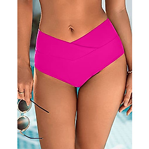 Blooming Jelly Womens High Waisted Bikini Bottom Black Swimsuits Tummy Control Bathing Suit Bottoms（Medium,Hot Pink