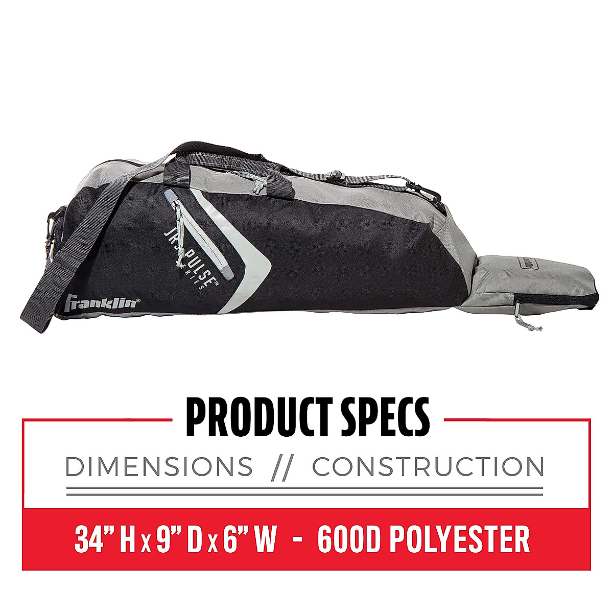 Franklin Sports Youth Baseball Bag - JR3 Junior Kids Bat Bag for Teeball, Baseball + Softball - Boys + Girls Equipment Bag - Black/Gray