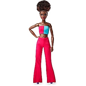 Barbie Looks Doll with Natural Black Hair in Color Block Crop Top & Raspberry Flare Pants, Posable Made to Move Body For 6 years and older