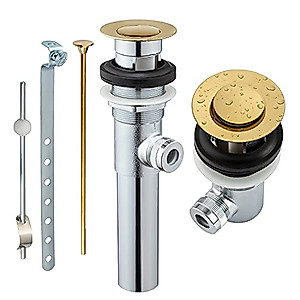 Artiwell Sink Pop-Up Drain Stopper Assembly with Lift Rod and Overflow, Solid Brass Lavatory Pop Up Drain Assembly for Bathroom Vanity Sink, All Brass Construction (Polished Brass)