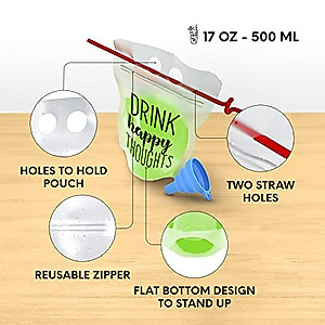 UTILE 50PCS Drink Pouches for Adults with Individually Wrapped Colorful Straws, Reclosable Zipper Smoothie Drink Bags with Multiple Texts – Heavy Duty Hand Held Translucent with Funnel Included