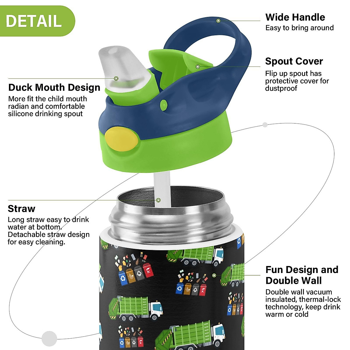 Stainless Steel Water Bottle for kids- 12 Ounce Stainless Steel Vacuum Insulated Water Bottle for Kids children,Double Wall Vacuum Insulated Bottles (Garbage Truck Trash Recycling)