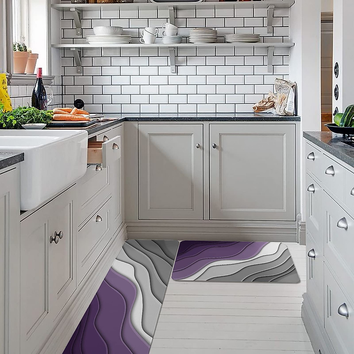 Geometric Purple Gray Ombre Kitchen Rugs and Mats 2 Pieces Set, Modern Abstract Art Non Slip Floor Mat for Sink Laundry, Cushioned Anti-Fatigue Comfort Mat for Kitchen (16"x24"+16"x47")