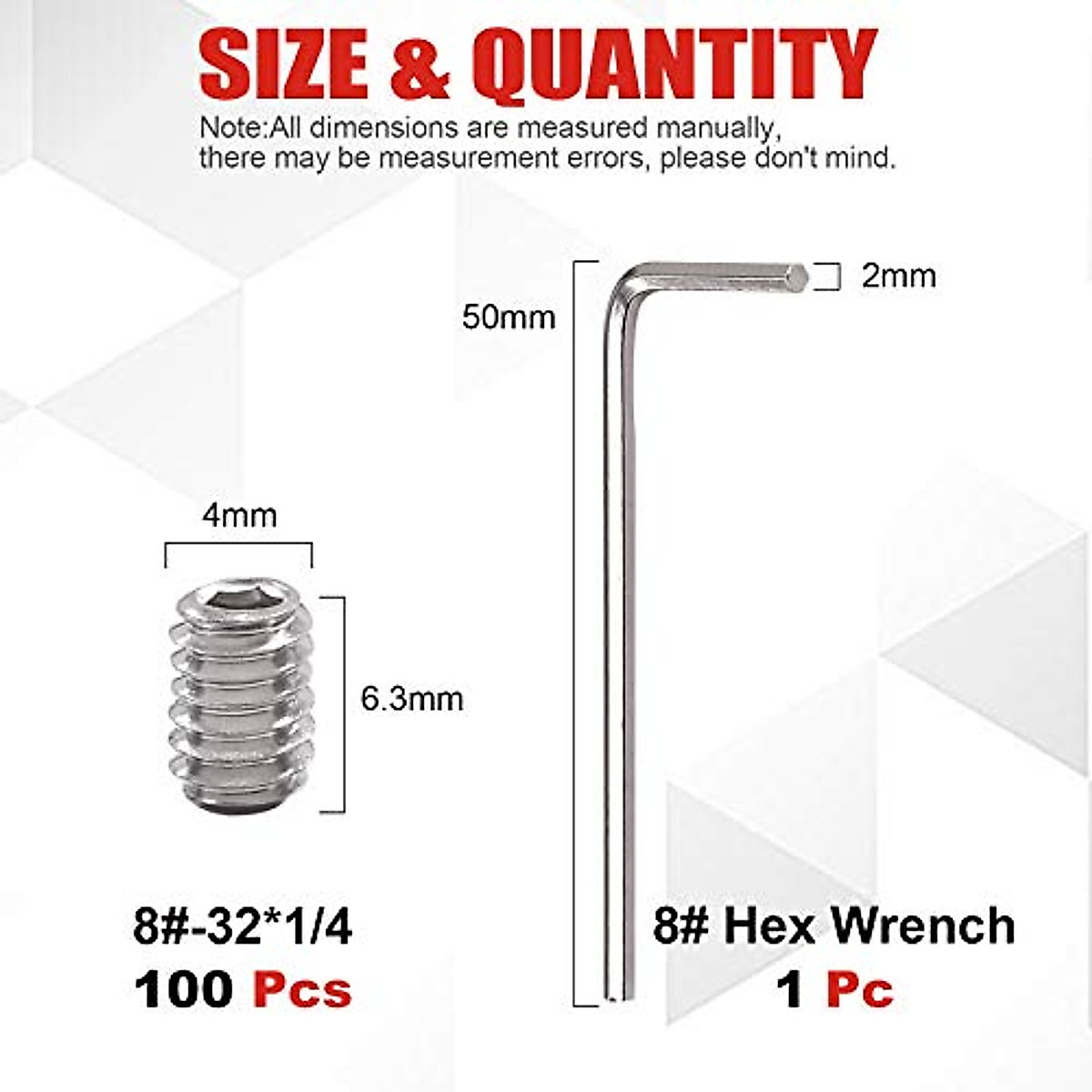 Hilitchi 100Pcs SAE Stainless Hex Allen Head Socket Set Screws Grub Screw Bolts Assortment Kit Internal Hex Drive Cup-Point Screws #8-32 x 1/4