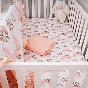 Noisy Mouse - Boho Rainbow, Premium, 100% Organic Cotton 4-Piece Baby Nursery Bedding Crib Set | Baby Comforter | 2 X Fitted Crib Sheets | Crib Skirt (Peach, Teal, White)