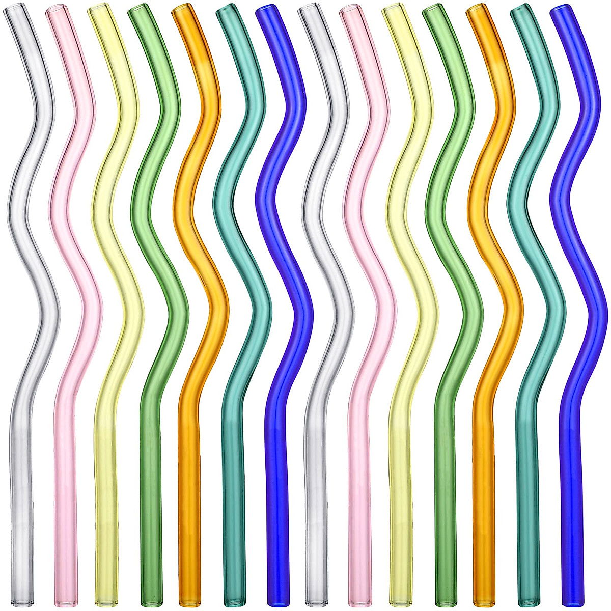 14 Pieces 8 x 200 mm Wavy High Borosilicate Transparent Glass Straws Cute Colored Glass Straws Fun Clear Hard Reusable Straws for Beverages, Coffee, Milk, Tea Straws Kids (Bright Colors)