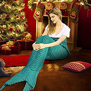 Fu Store Mermaid Tail Blanket Crochet Mermaid Blanket for Women Teens Girls Soft All Seasons Sofa Sleeping Blanket, Cool Birthday Wedding Mother's Day, 71 x 35 Inches, Mint Green