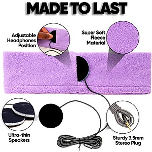 CozyPhones Fleece Sleep Headphones - Wired Over Ear Headphones from Ultra Thin Earphones for Side Sleepers, Meditation, Running, Laptop, and Phone - Violet