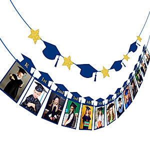 Whaline 2Pcs Graduation Photo Banner, Congrats Grad Banner, No DIY Require Hanging Bunting, Kindergarten to 12th Grade Picture Garland, Black Gold Glitter Banner for Grad Party Decor, 5 x 7 inch