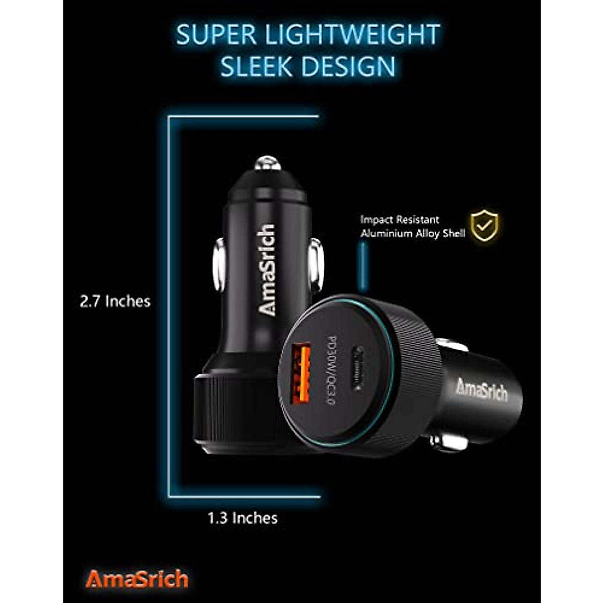 Car Charger USB-C 48W, Amasrich Cigarette Lighter USB Charger, Fast Charge Adapter with Type-C, PD&QC3.0 Dual Port for iPhone/Samsung/Pixel/Android/iPad/Cell Phone