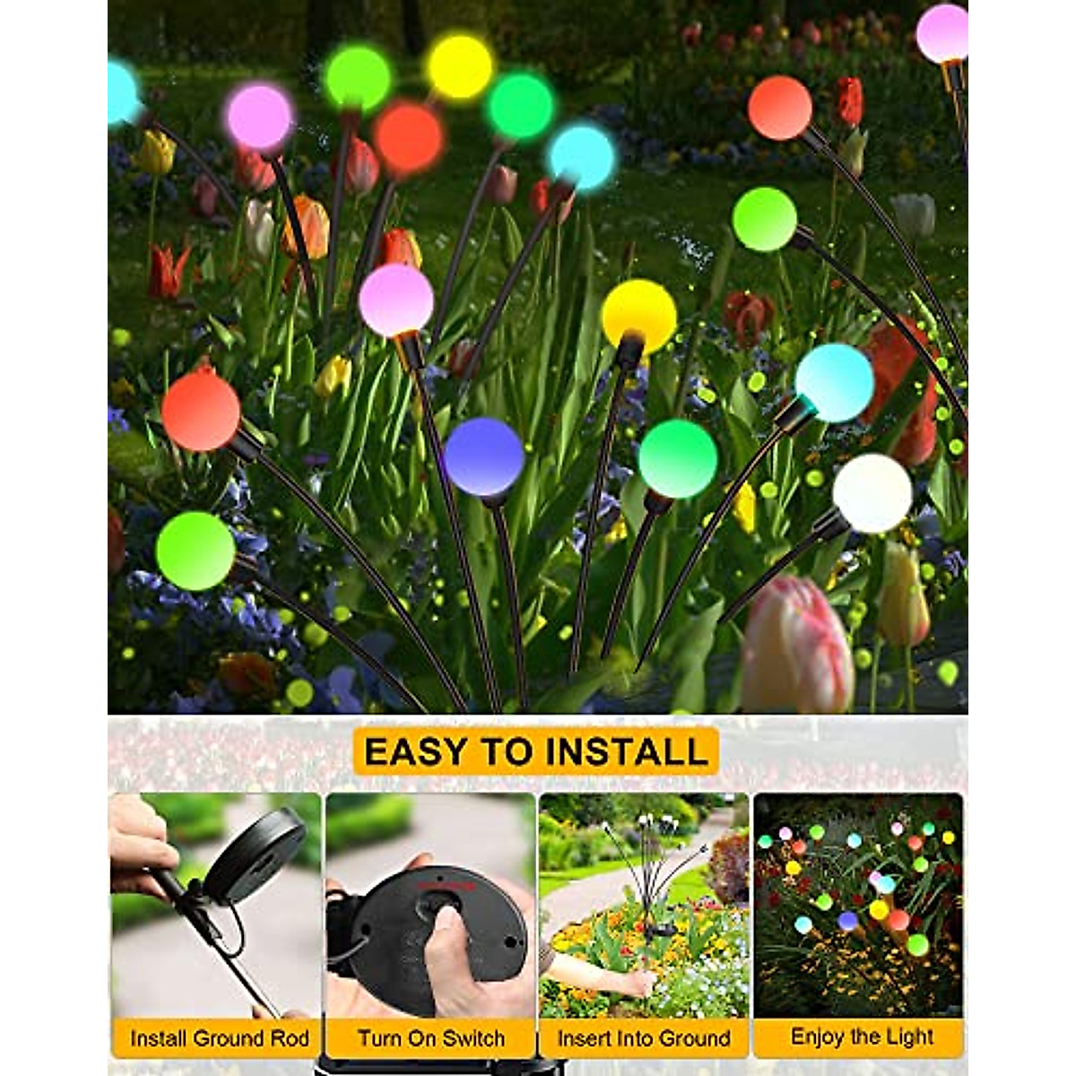 Solar Garden Lights, 8 Pack 64 LED New Upgraded Solar Firefly Lights Outdoor Waterproof, High Flexibility Starburst Swaying Solar Lights, Solar Garden Outdoor Lights for Yard Patio Pathway, Multicolor