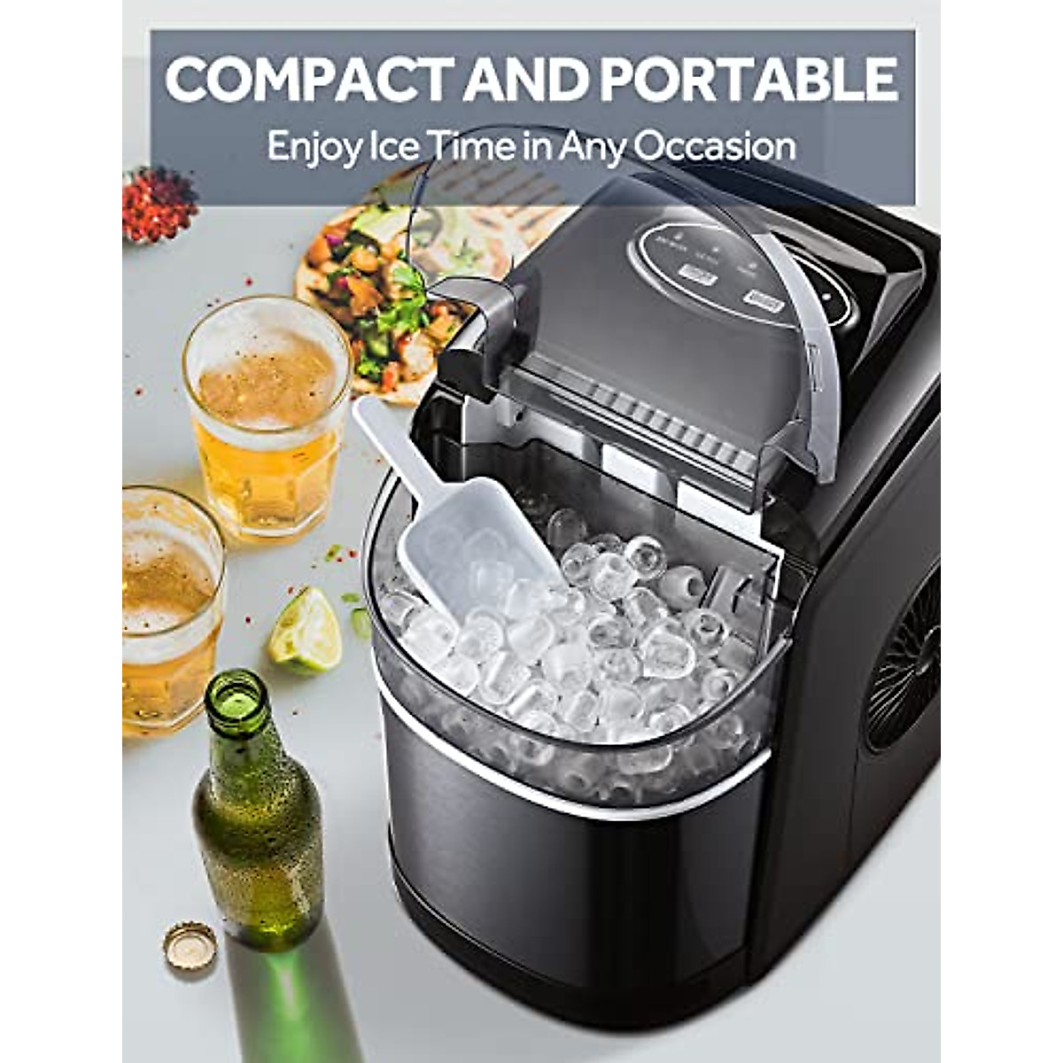Ice Maker Countertop Machine with Self-Cleaning Function，26LBS in 24 Hours, 9 Bullet Cubes Ready in 6 Mins, Compact Ice Cube Maker with Ice Scoop & Basket for Home Kitchen Office Bar (Black)