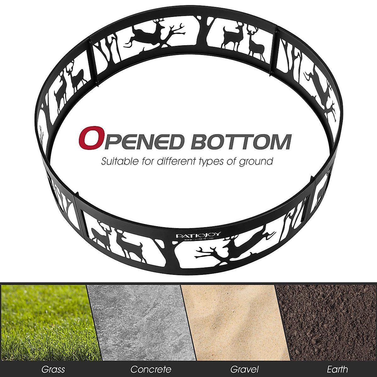 DORTALA 36’’ Metal Fire Pit Ring, Thick Metal Deer Fire Ring with Extra Poker,Wood Burning Campfire Ring with Pattern, Heavy Duty Round Bonfire Liner for Camping Beach Backyard