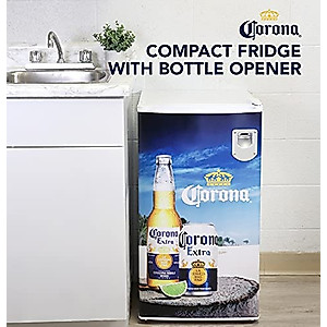 Corona Compact Fridge with Bottle Opener, 90 L/ 95 Quart 3.2 Cubic Foot for Snacks, Beverages, Juice, Beer, Den, Dorm, Office, Games Room, or RV