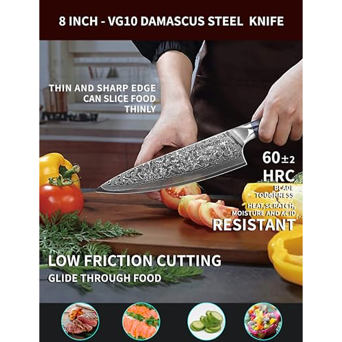 SANMUZUO Chef Knife - 8 inch - Xuan Series - VG10 Damascus Steel Kitchen Knife - Resin Handle (Sapphire Blue)