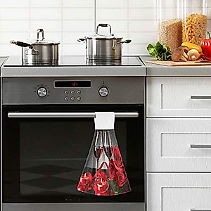 Red Wine in Glasses Red Rose Candle 2 Pcs Hanging Kitchen Hand Towels, Hanging Tie Towels with Hook & Loop Washcloth Dishcloths Sets Decorative Absorbent Tea Bar Bath Hand Towel