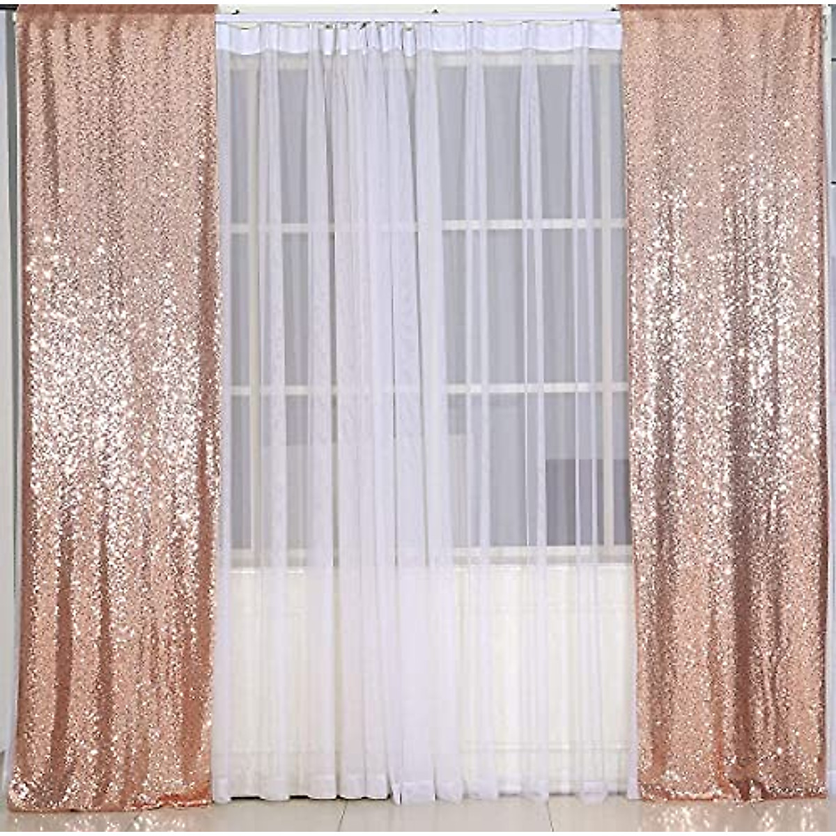 Poise3EHome Rose Gold Sequin Backdrop 2Ft x 8Ft x 2 Panels Sparkly Drape Seamless Photography Curtain for Wedding/Party